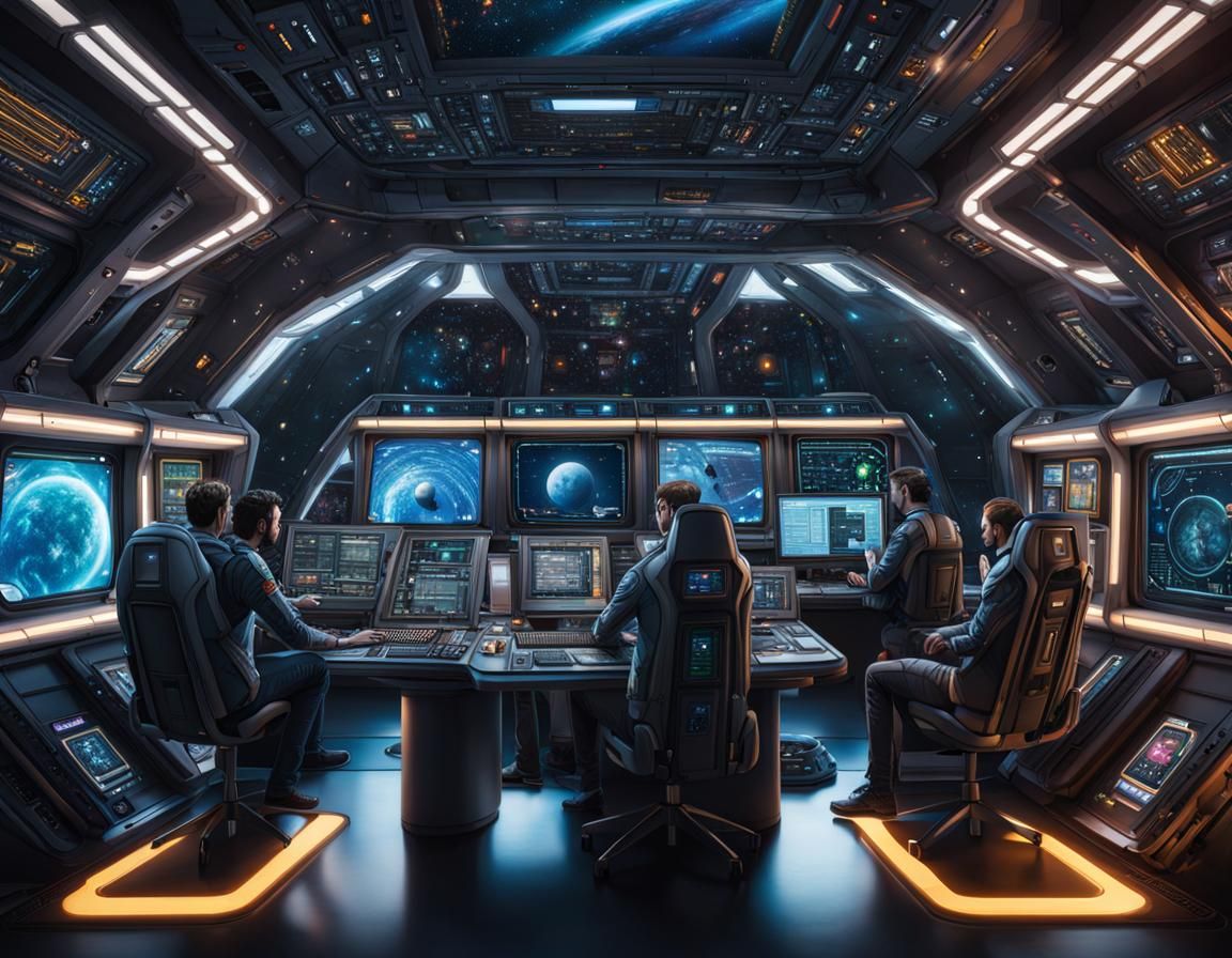 Spaceship with crew members sitting around a table - AI Generated ...