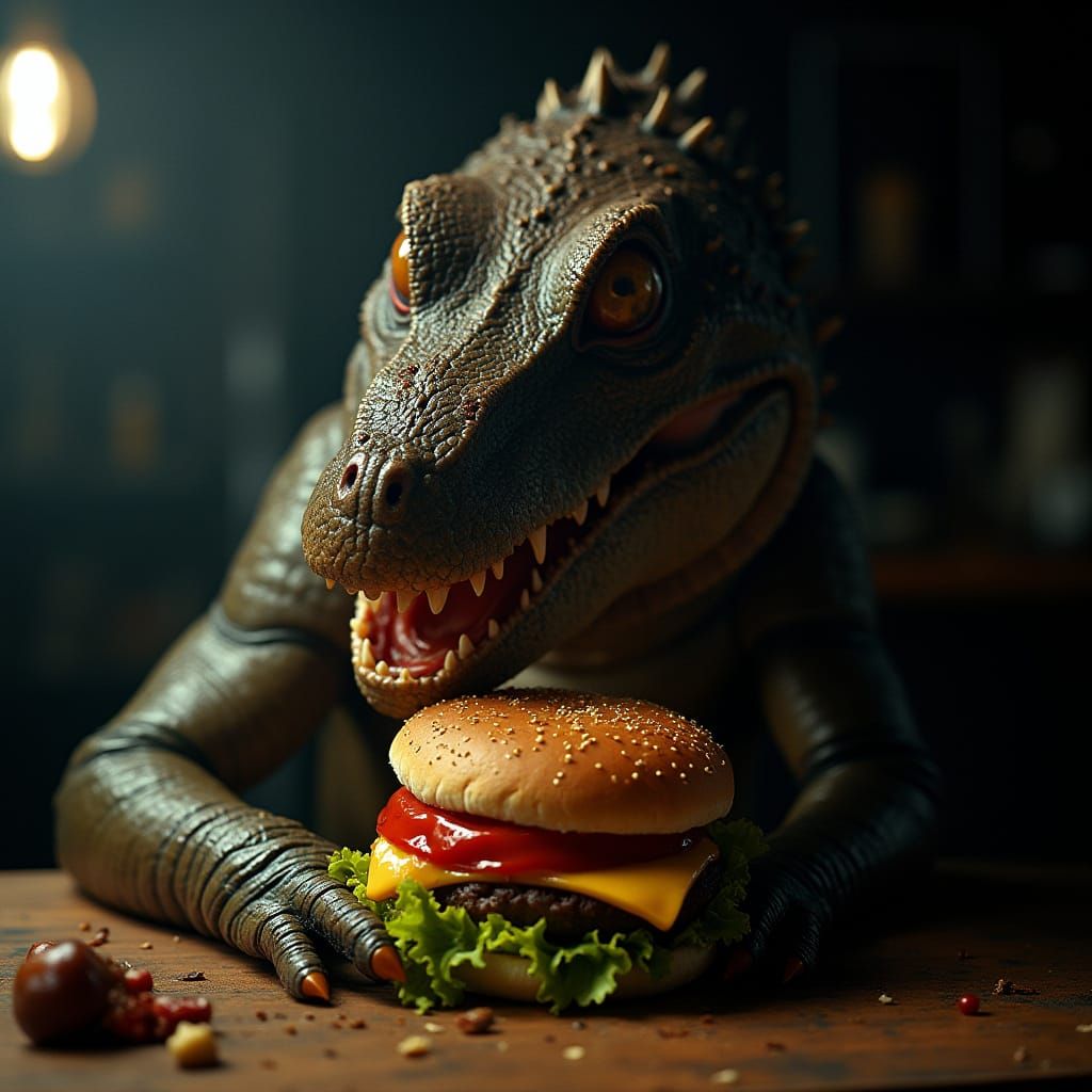 Brainrot Crocodile Devouring Burger: Cinematic Fil... - AI Art