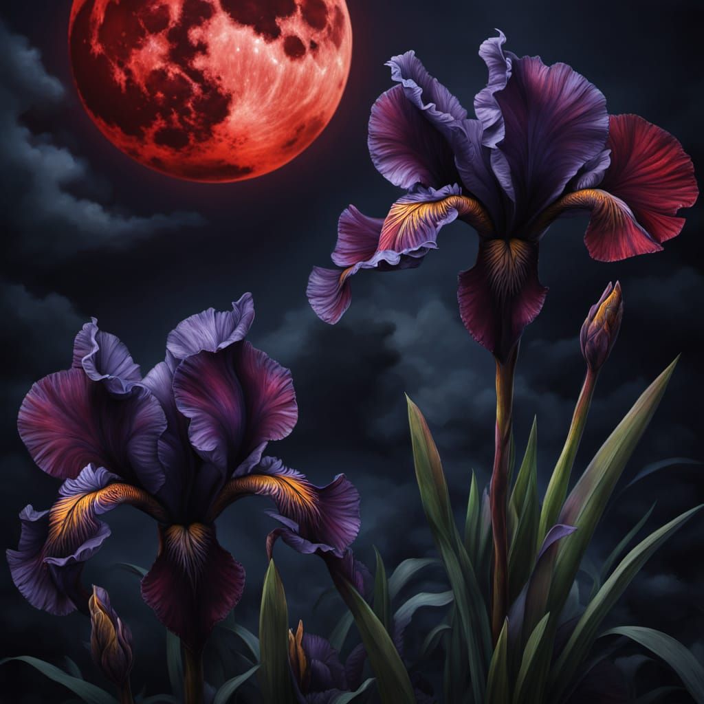 Demonic Iris Bloom Under Blood Moonlit Sky - AI Art