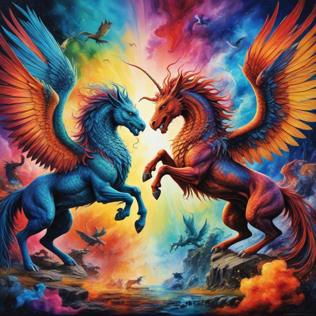 Epic WIDE-SCREEN battle of mythological beasts. Gryphons, dragons ...