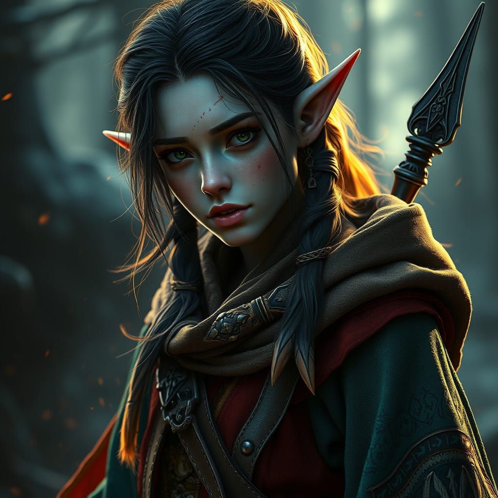 Dark Elf Maiden in Russian Folk Attire, a Dark Fan... - AI Art