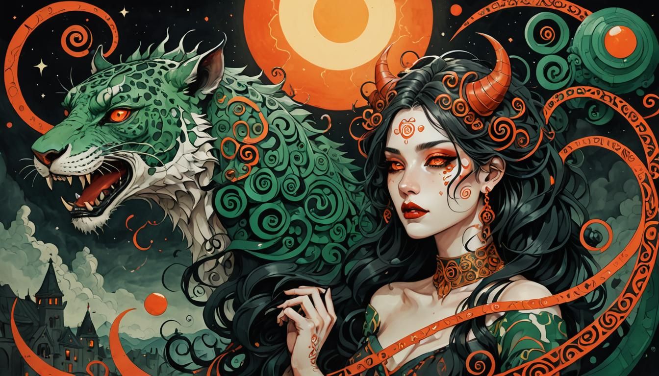 chimera female and a giant bloodthirsty toothy space leopard monster