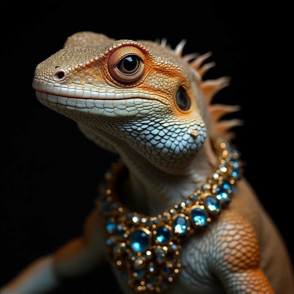 Lizard Portrait with Gemstone Necklace, Studio Lig... - AI Art