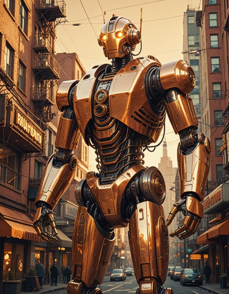 Giant Retro Art Deco Robot Painter in Golden Light - AI Art