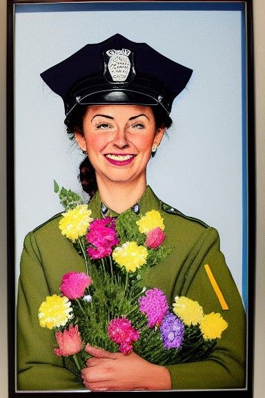A portrait of a happy smiling female police officer surrounded by ...