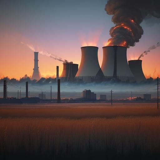 nuclear plant, and industrial buildings, smokestacks, power lines ...