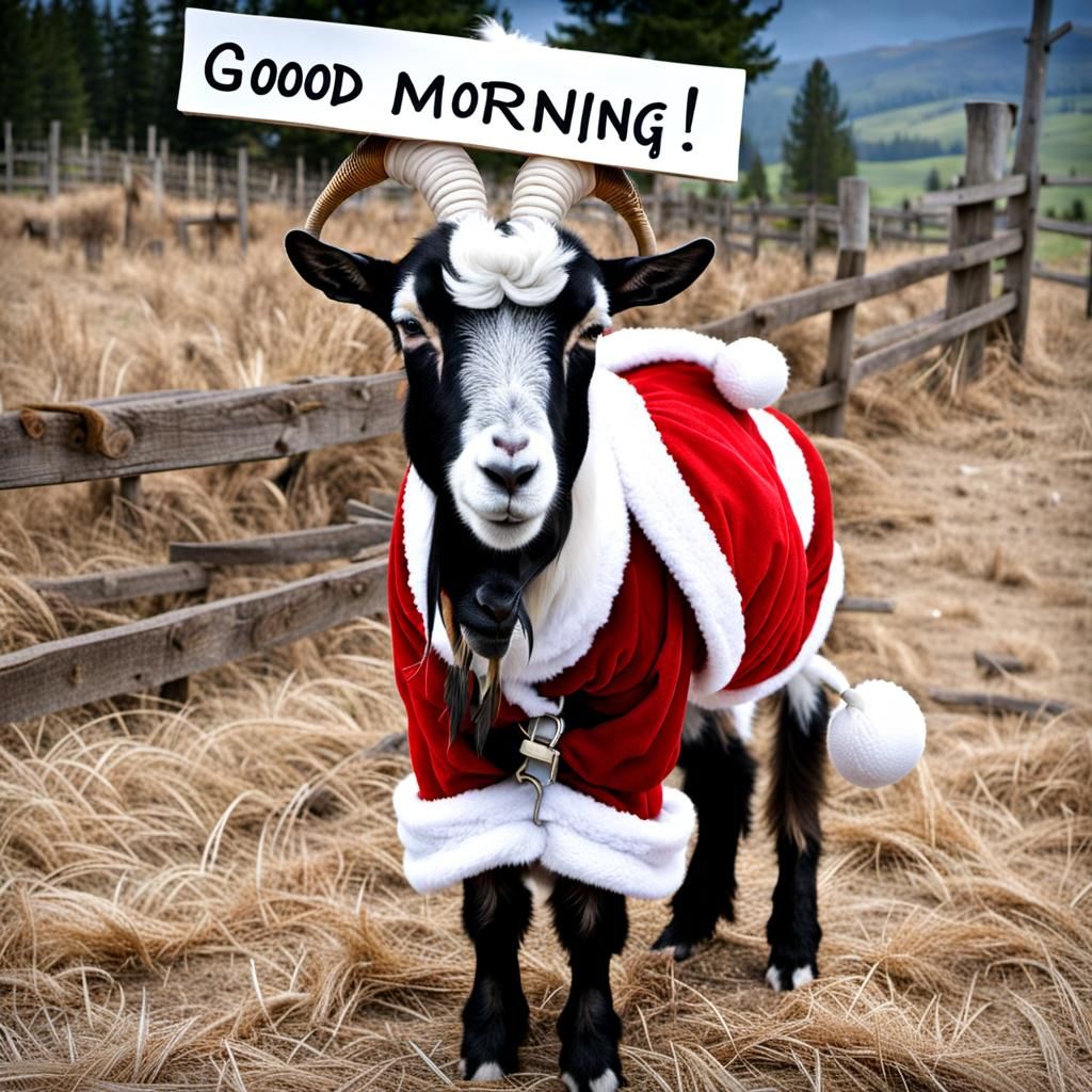 Goat Santa holding a sign writing (good morning:2.8) Funny, - AI Generated Artwork - NightCafe ...