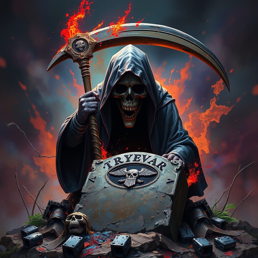 grim Reaper over a dug grave - Grim Reaper in Dramatic Mid ...