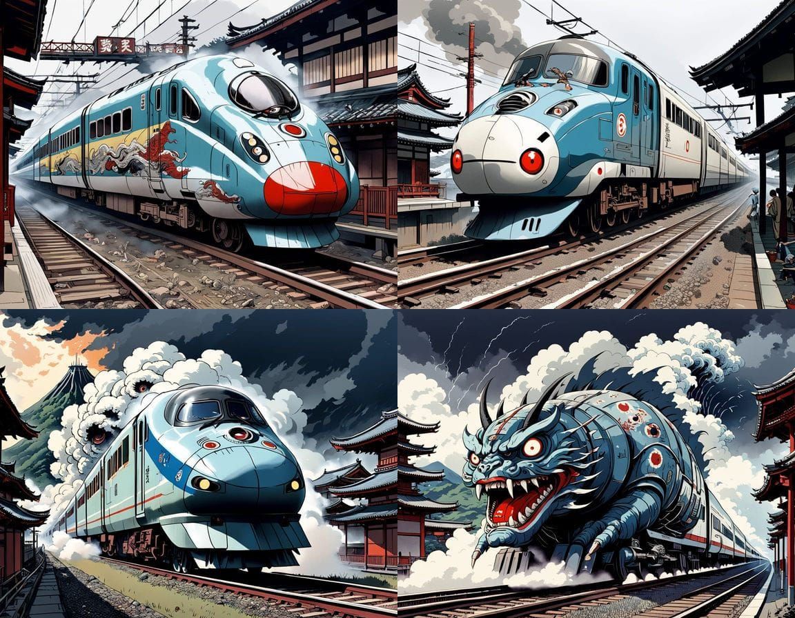 Surreal Ukiyo-e Inspired Disaster Scene with Monst... - AI Art