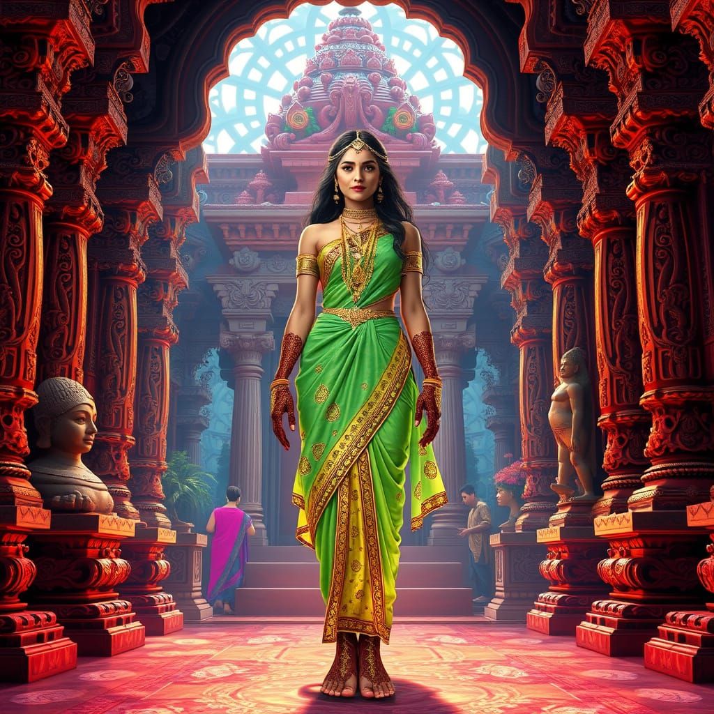Ethereal Indian Goddess in Neon Attire within Anci... - AI Art