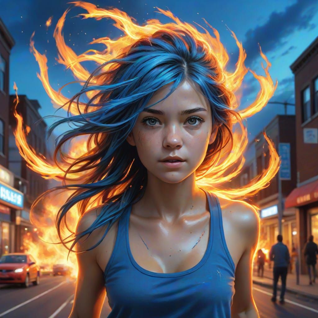 Vibrant Woman Amidst Fiery Sky with Street Reflect... - AI Art