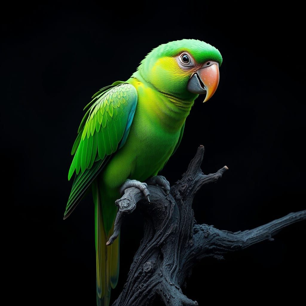 Emerald Parrot Perched on Ancient Branch in Dark F... - AI Art