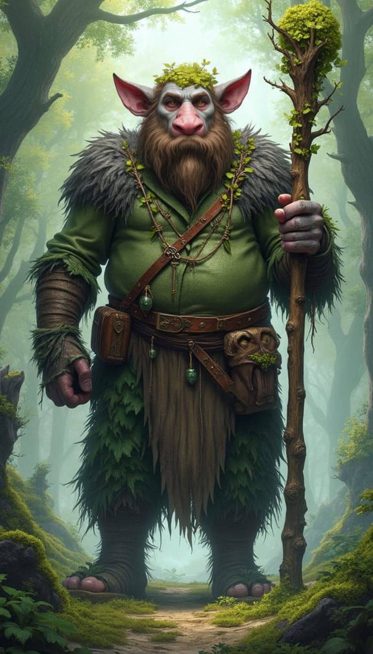 Gentle Giant Firbolg Druid in Lush Forest Attire - AI Art