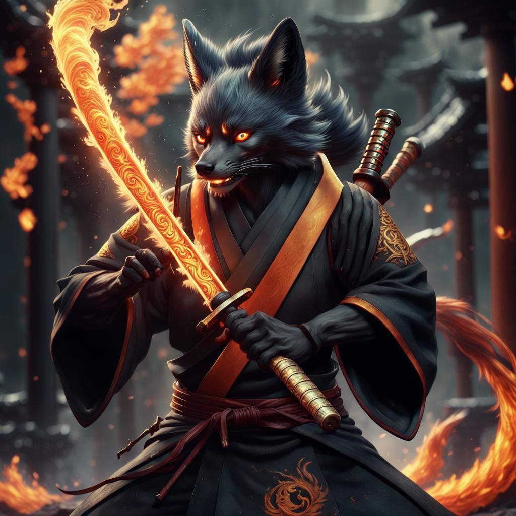 Male black Kitsune holding fire katana - AI Generated Artwork - NightCafe Creator