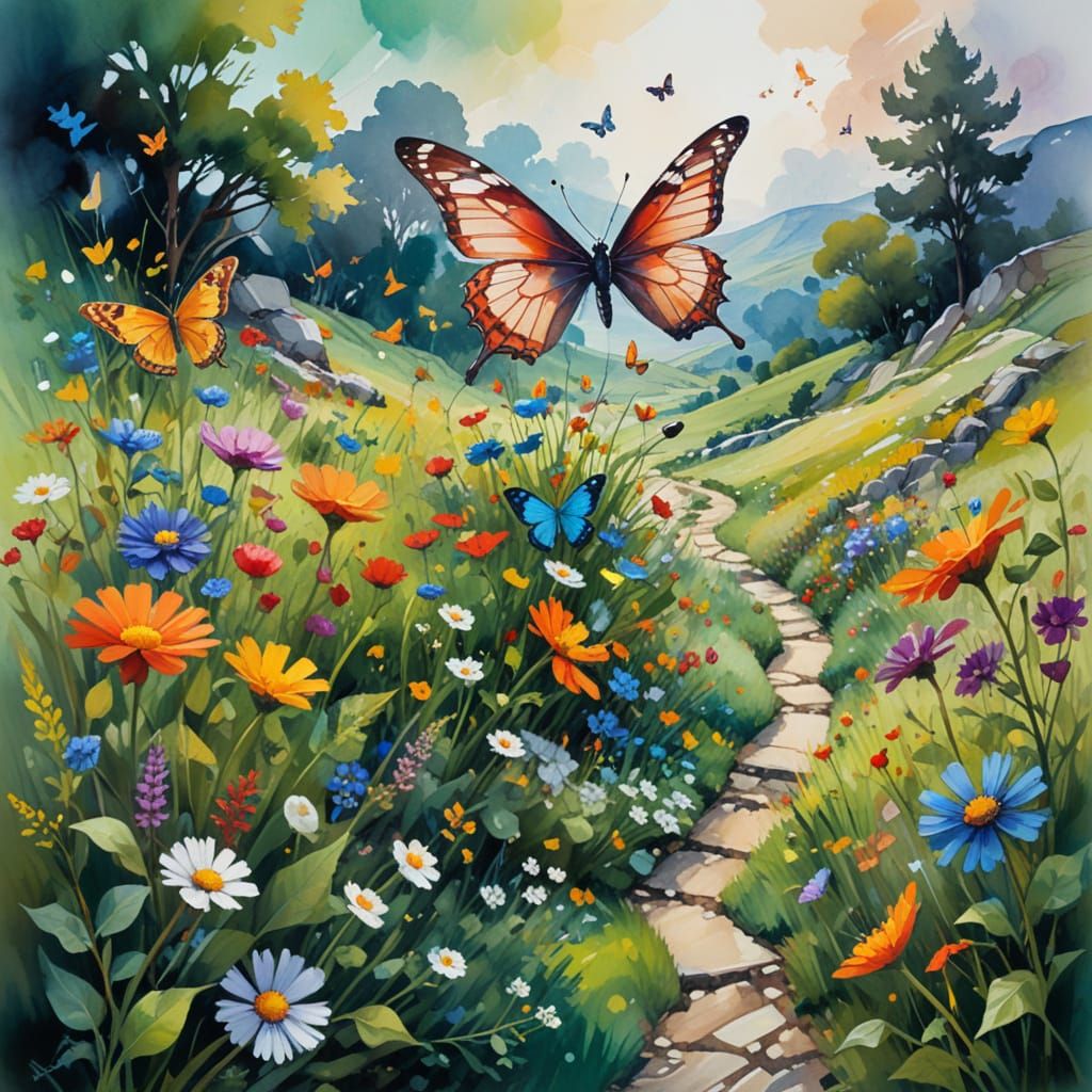 Spring Meadow: Watercolor Expressionist-Abstract F... - AI Art