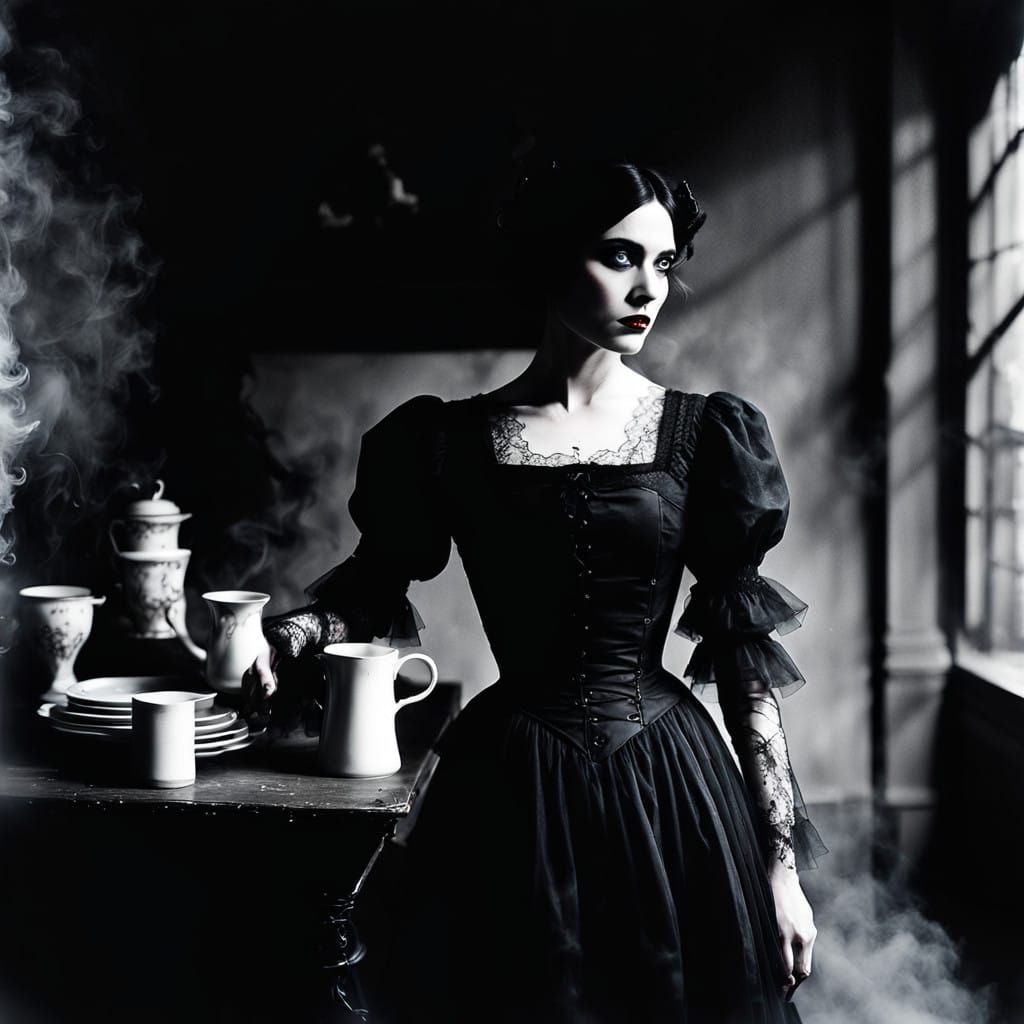 Goth Model in Smoky Victorian Coffee Shop - AI Art
