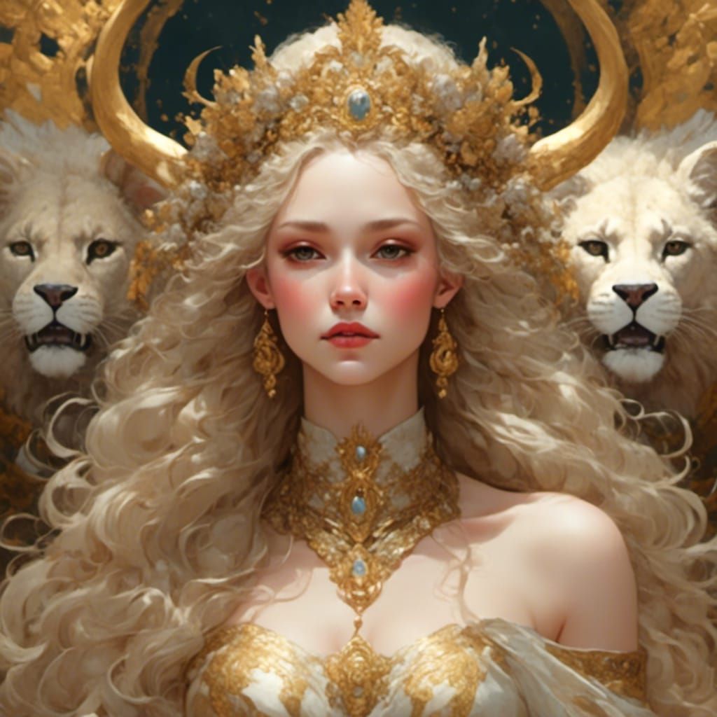 Leo goddess commands the cosmic stage, crowned with stardust and accompanied by a regal lion ...