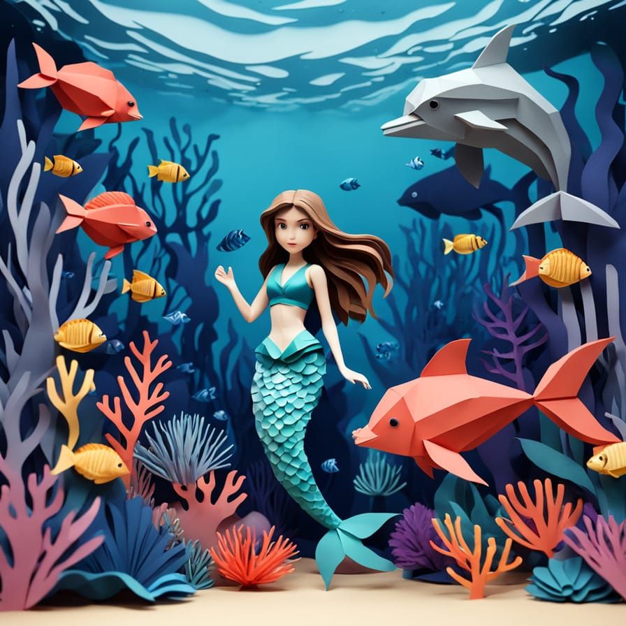 Majestic Mermaid in Papercraft Paradise - AI Art