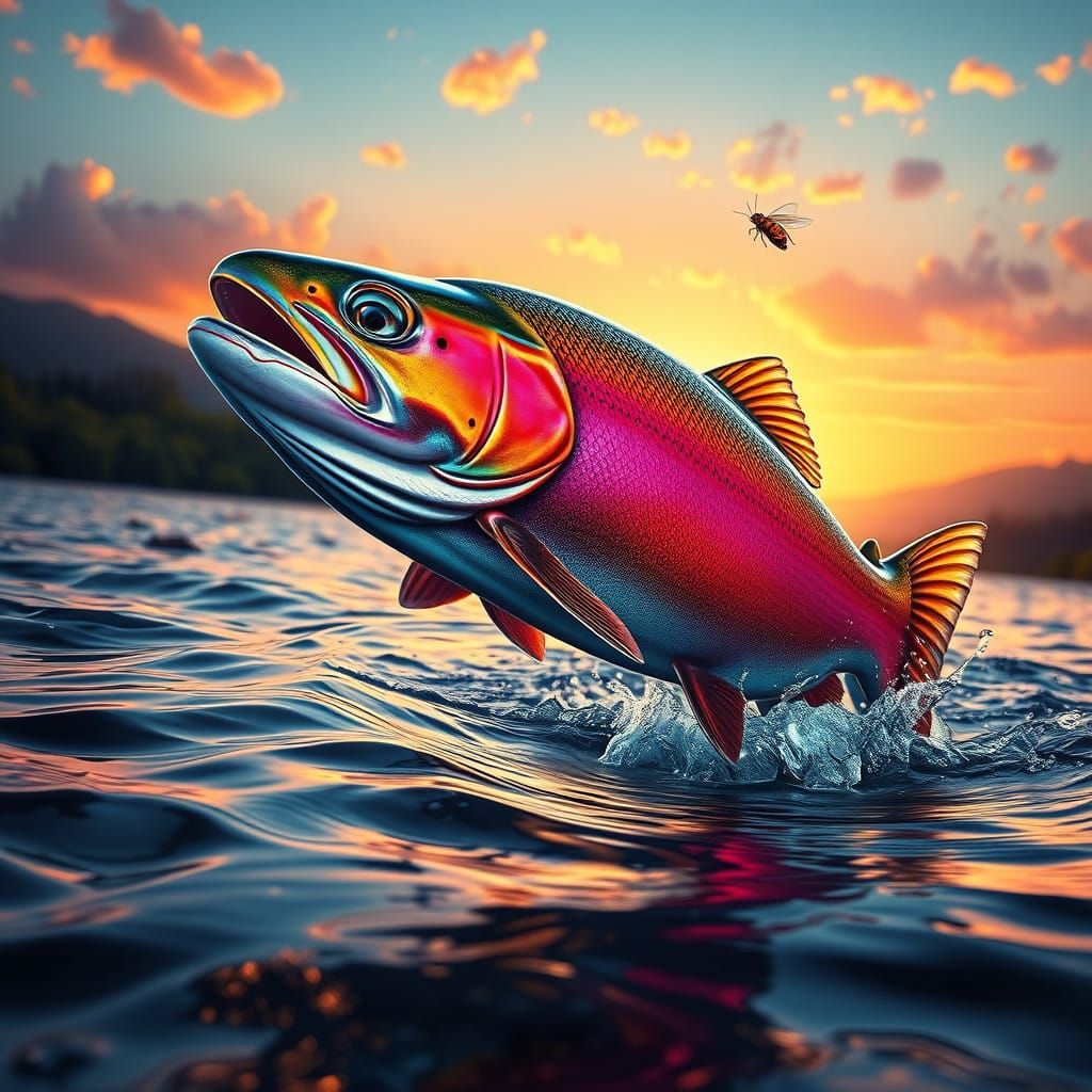 Vibrant Rainbow Trout in Sunset Splendor - AI Art