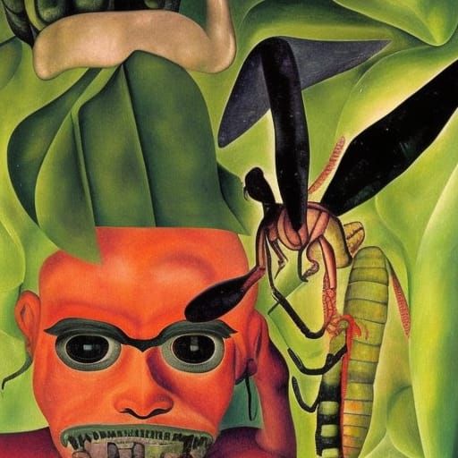 An alien lizard fights a giant dragonfly larva under a portrait of an ...