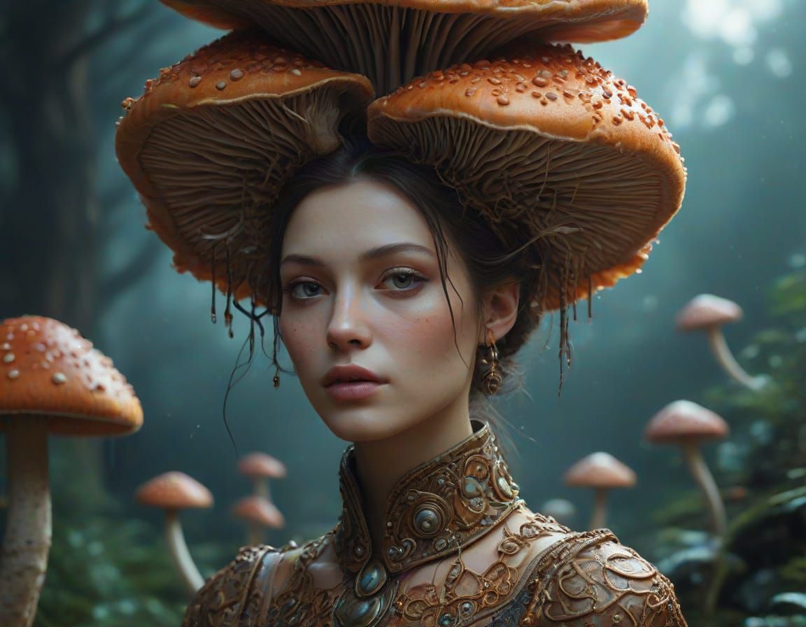 Surreal Closeup of Alien Figure Among Mushrooms, i... - AI Art
