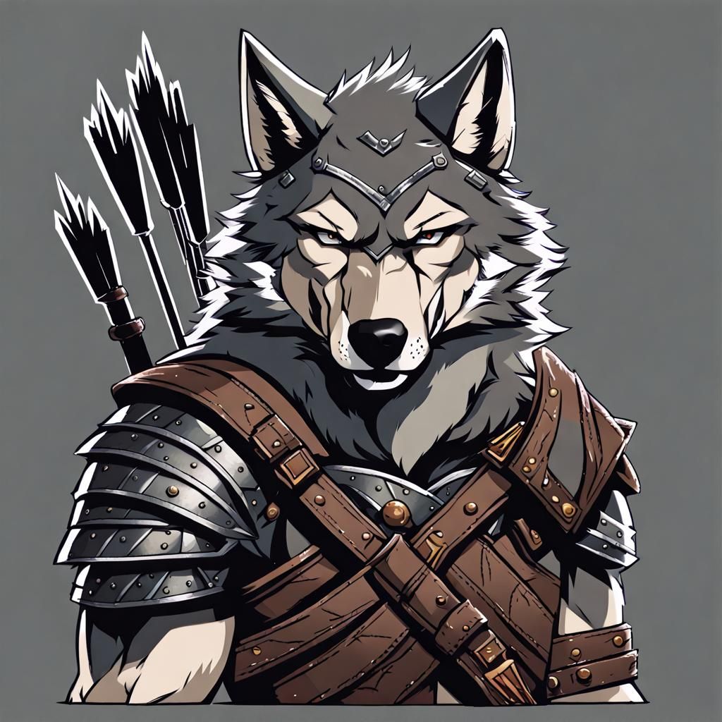 Male Wolf warrior, wearing leather armour, wielding a bow, has a quiver ...