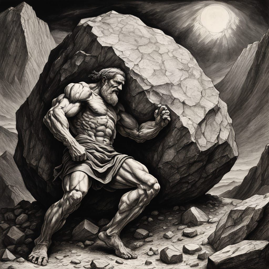 Sisyphus in Determined Despair, Charcoal Drawing - AI Art