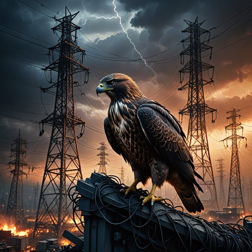 Epic Hawk Entangled in High-Voltage Towers - AI Art