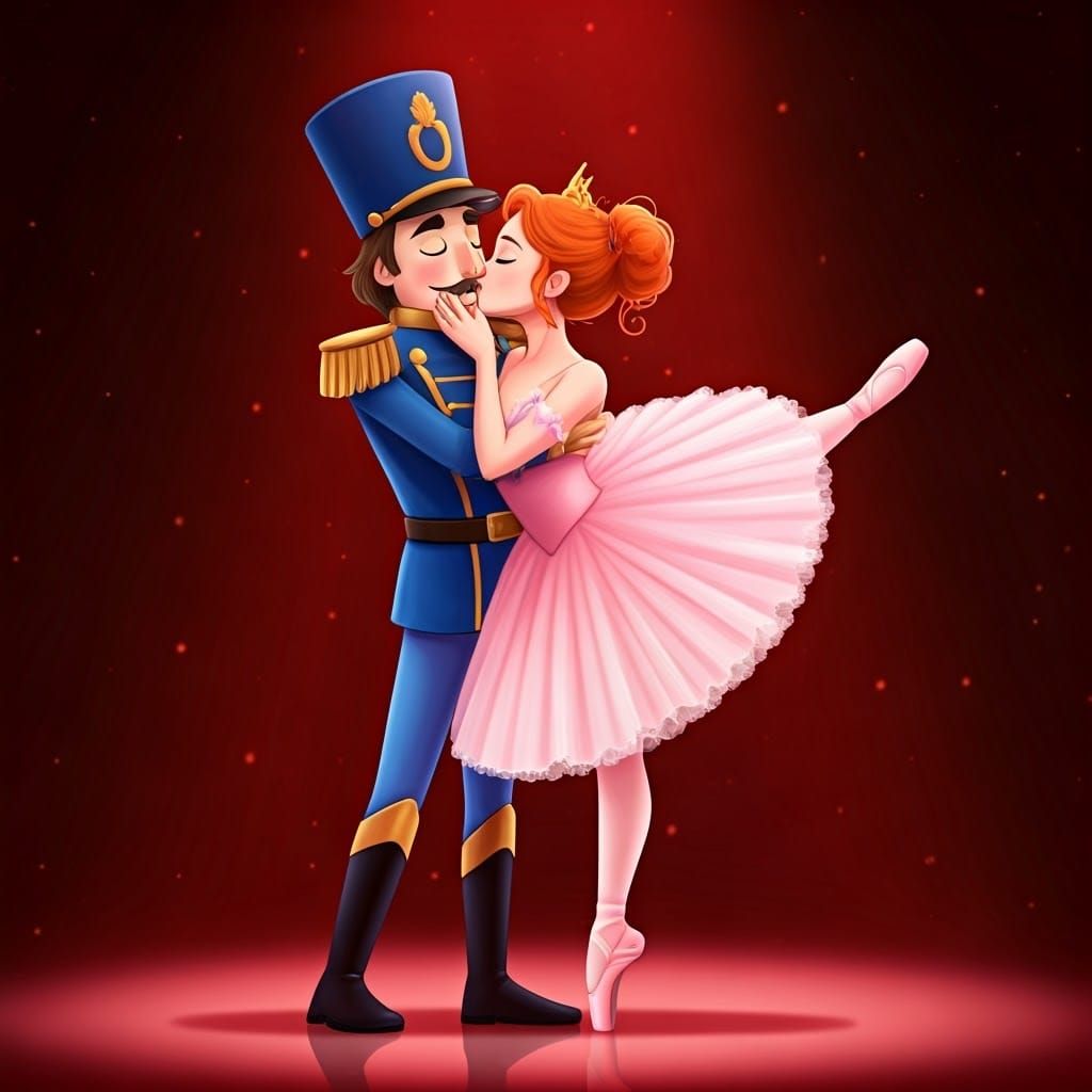 Human Nutcracker In Blue, & Redhead Ballerina In Pink Share A Kiss In the Spotlight