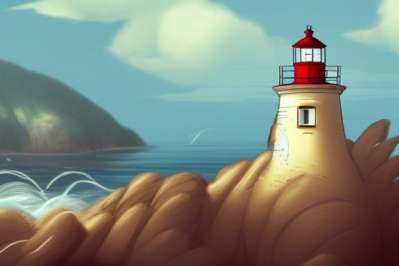 beautiful cute cozy lighthouse by the sea, golden warm light, style of ...