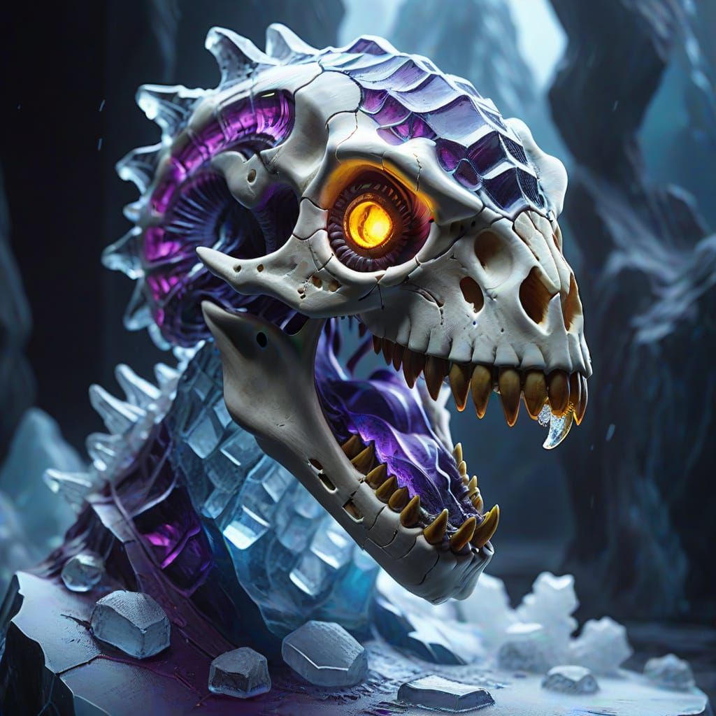 Frozen Jurassic Raptor Skull in Ice, Cyberpunk Con... - AI Art