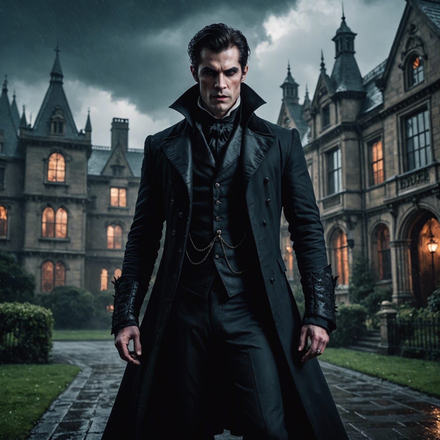 A male victorian vampire outside a gothic mansion during an epic storm ...