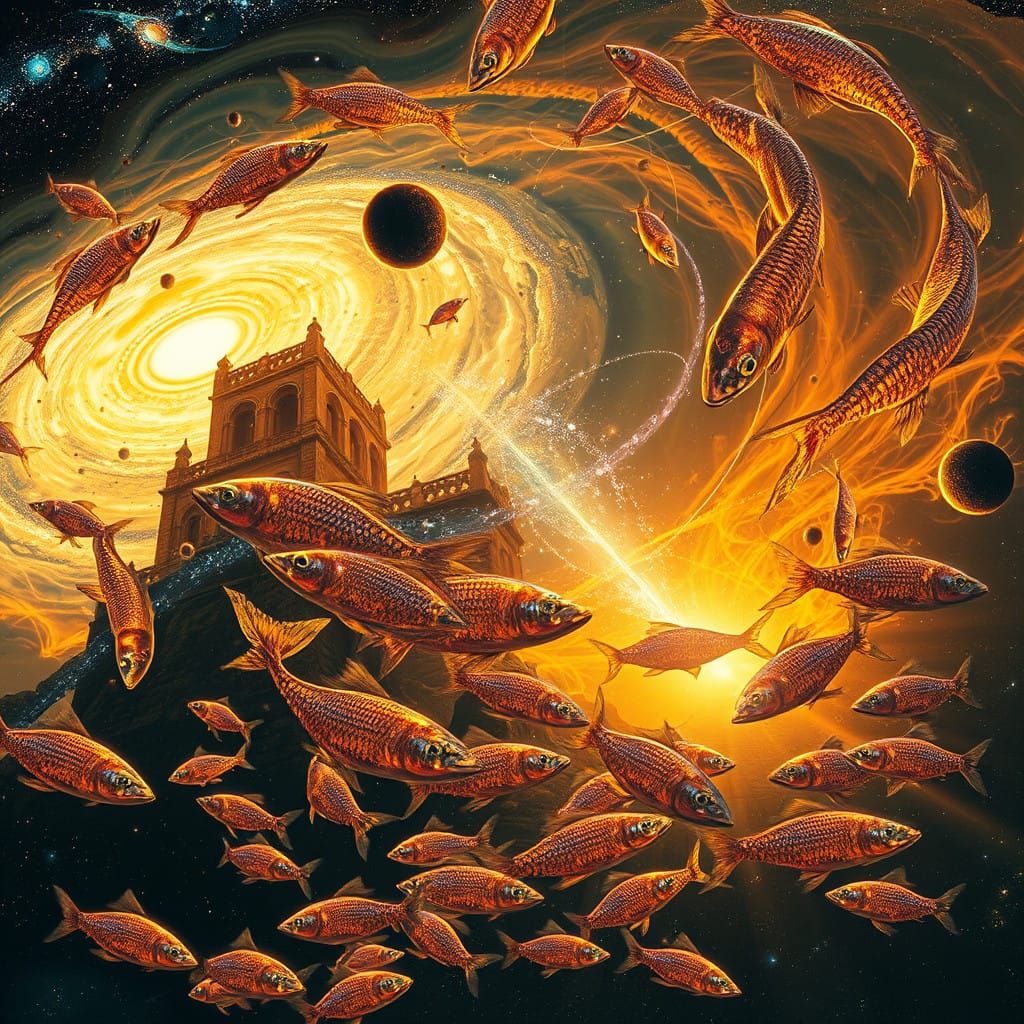 Sky ocean - Ethereal Galactic Convergence with Golden Lighti...