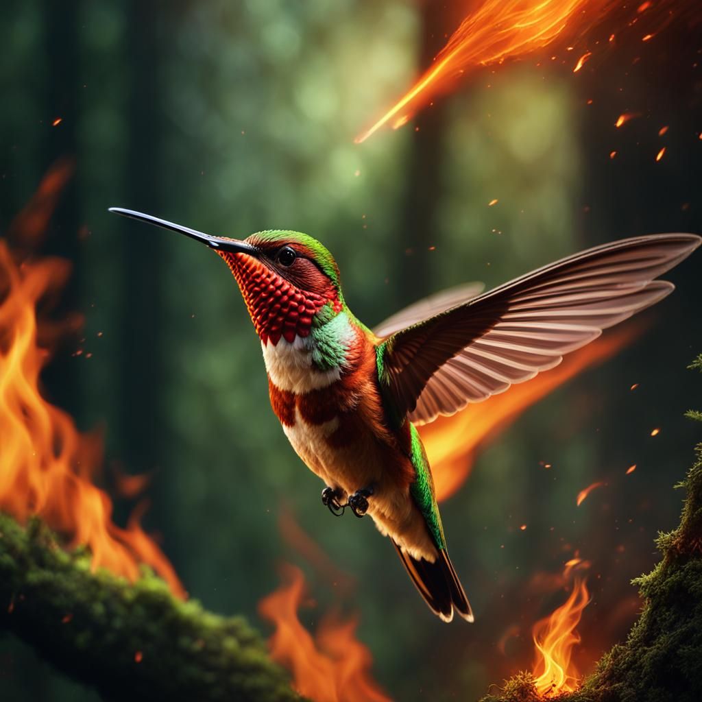 Rufous Hummingbird Flying Out Of A Forest Fire - AI Generated Artwork ...