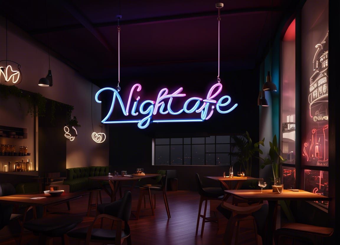 neon sign "NightCafé" written in cursive, hanging from ceiling. 8K ...