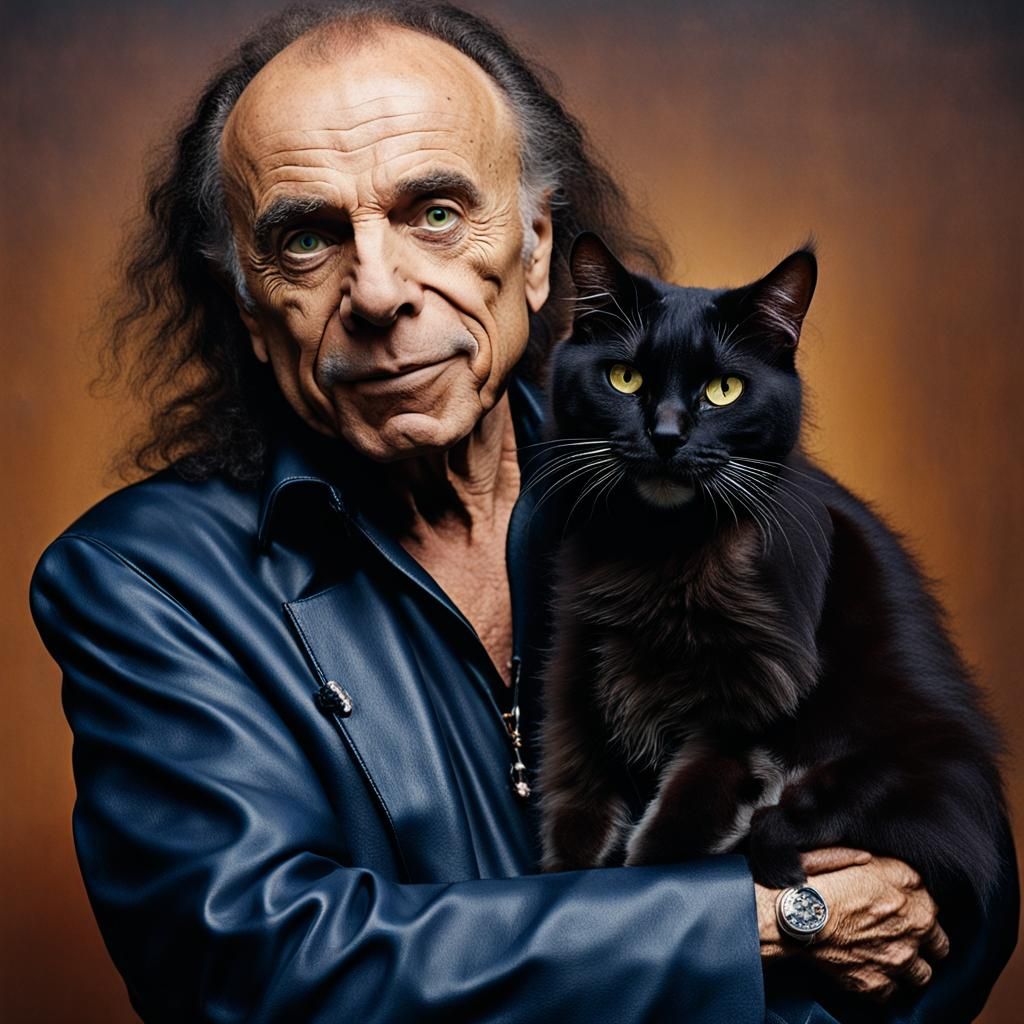 Ronnie james dio hugging a cat - AI Generated Artwork - NightCafe Creator