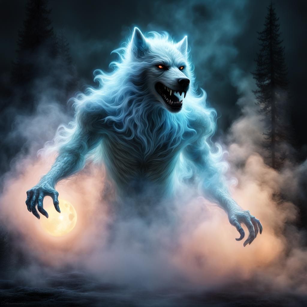 hauntingly beautiful glowing wispy floating werewolf ghost, wispy mist ...