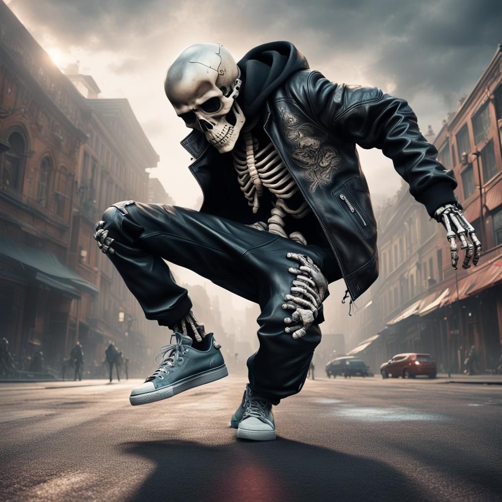 skeleton break dancing in a leather jacket - AI Generated Artwork ...