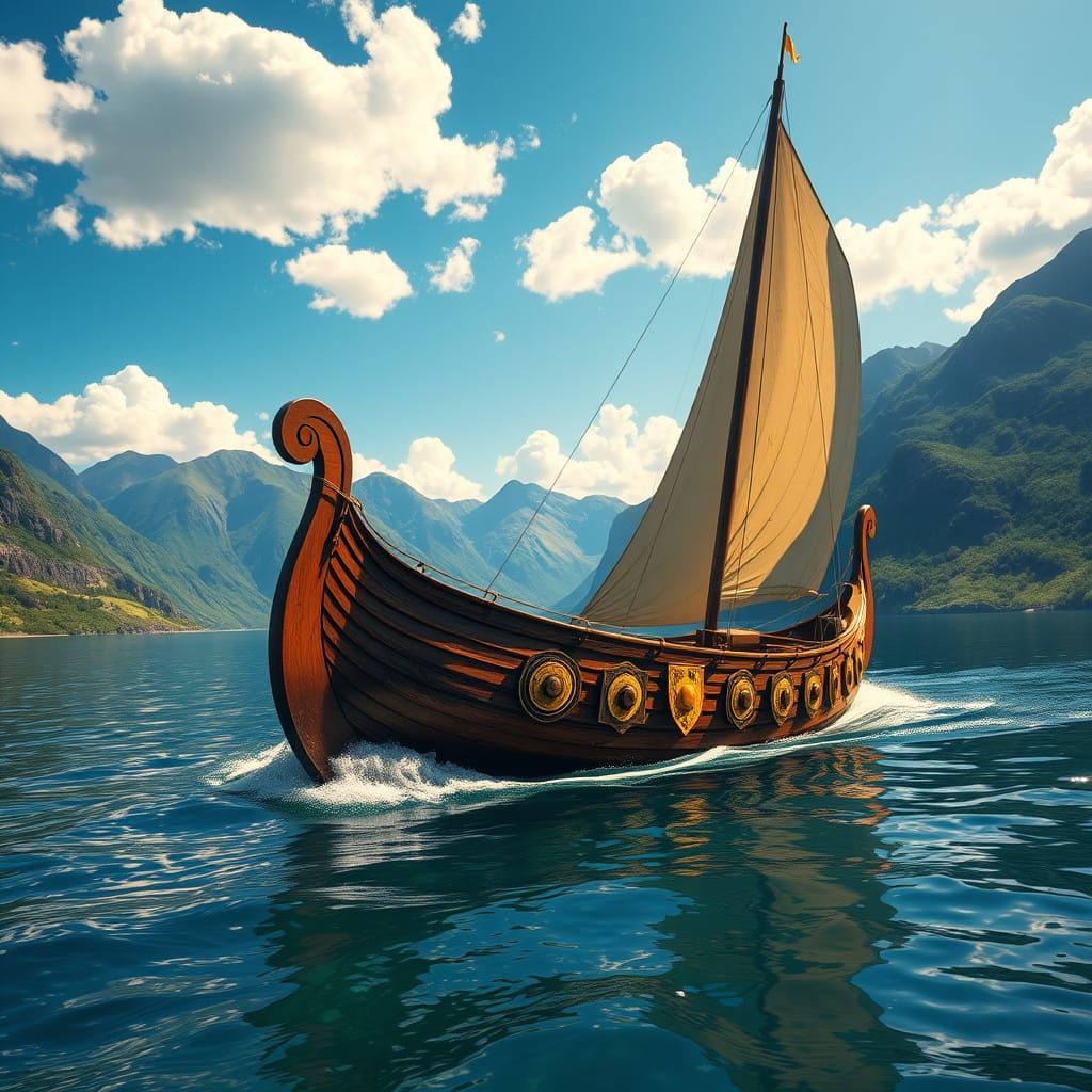 Viking Longboat Under Full Sail in a Serene Fjord - AI Art