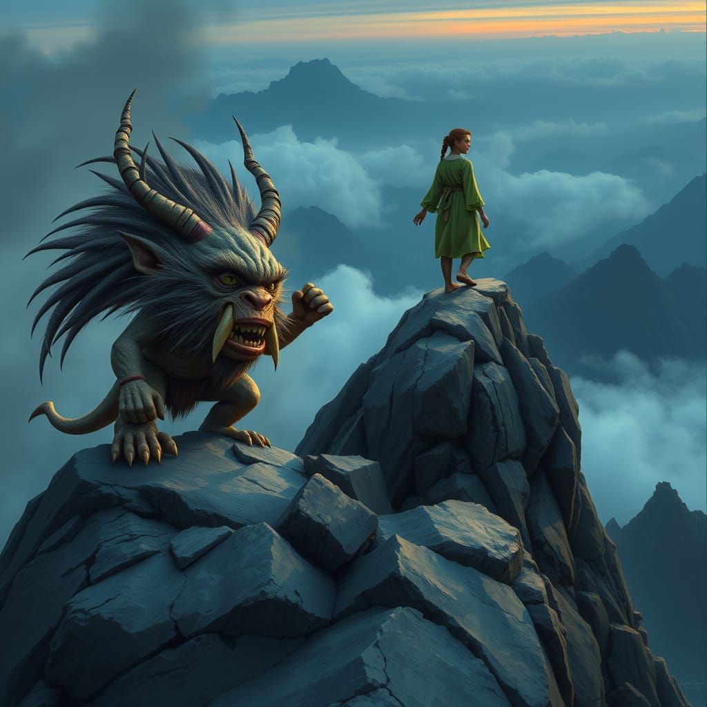 Giant Troll Climbs Mountain Peak with a Green Clad... - AI Art