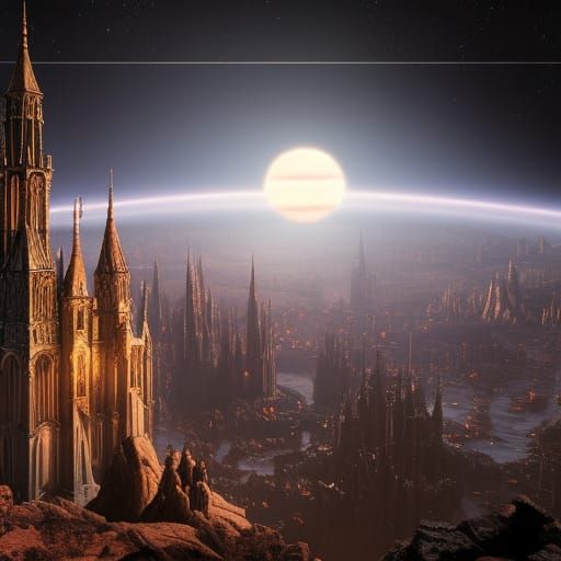Gothic Medieval city on a planet with Saturn in the background - AI ...