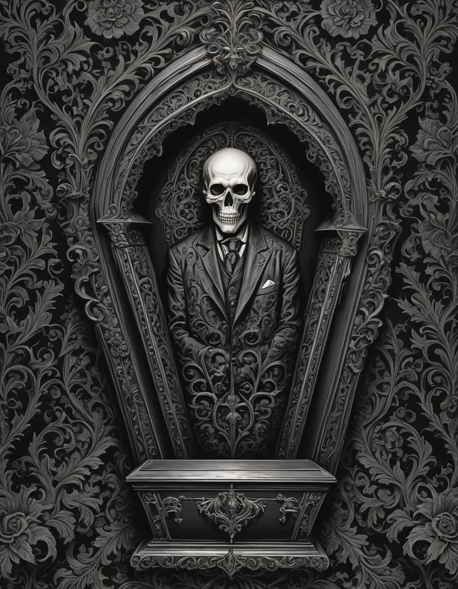 gothic all-black damask coffin open casket victorian dead funeral art ...