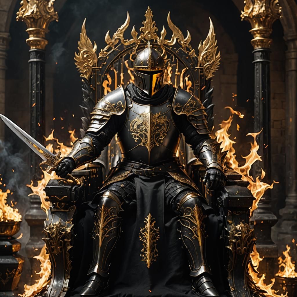 a legendary knight sitting in a throne made of blades wearing a black ...