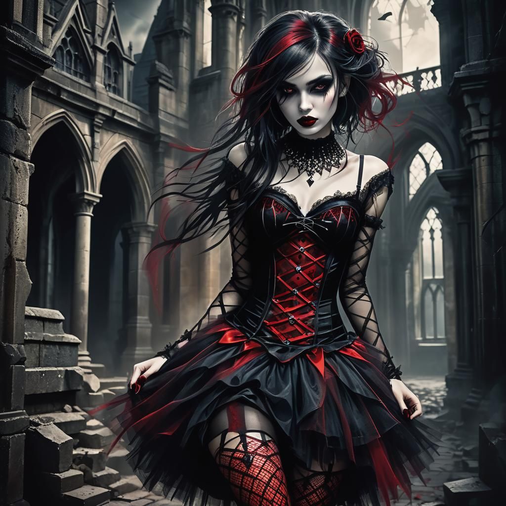 Gothic girl , red and black diamond tutu dress, stripy fishnet tights.