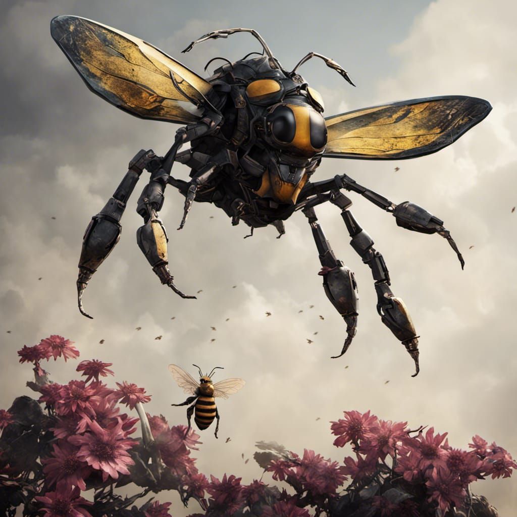 dark cyborg bee, flying over a metal flower, hyper realistic post ...