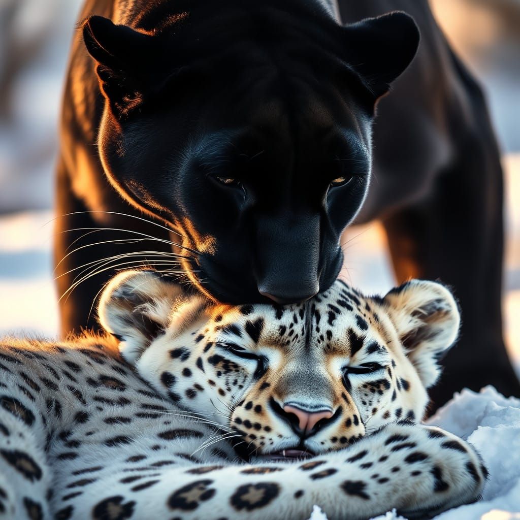 A black panther licking the top of a snow lepord's head as the snow lepord sleeps
