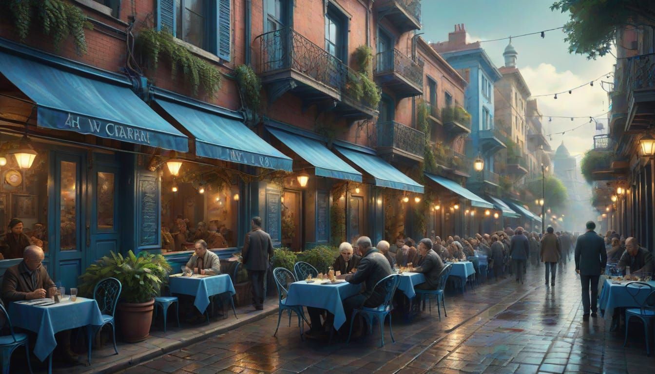 Epic Cafe Scene in Meticulously Detailed Digital A... - AI Art