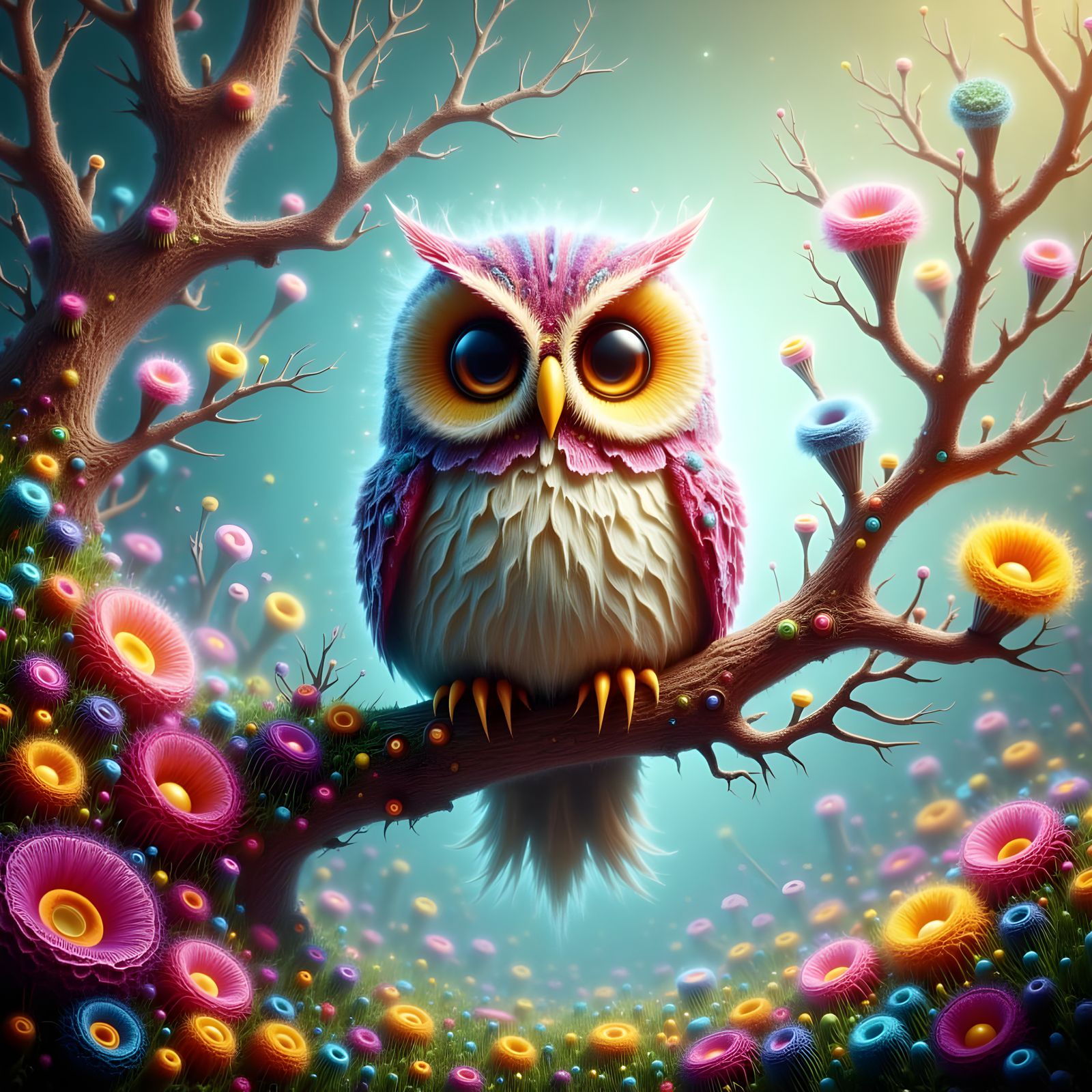 Psychedelic owl - Vibrant Springtime Baby Owl on Branch