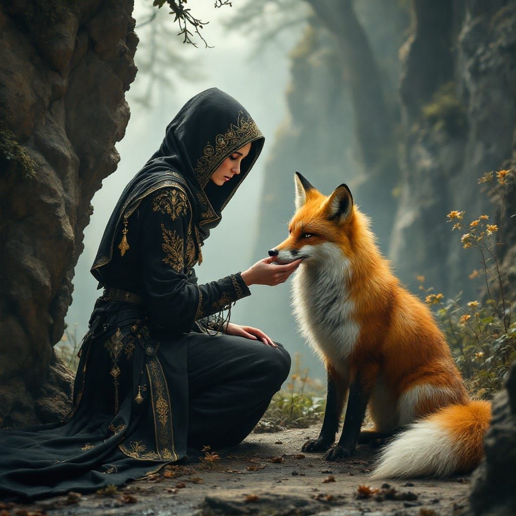 Surreal Assassin Goddess Petting a Fox Amidst Myst... - AI Art