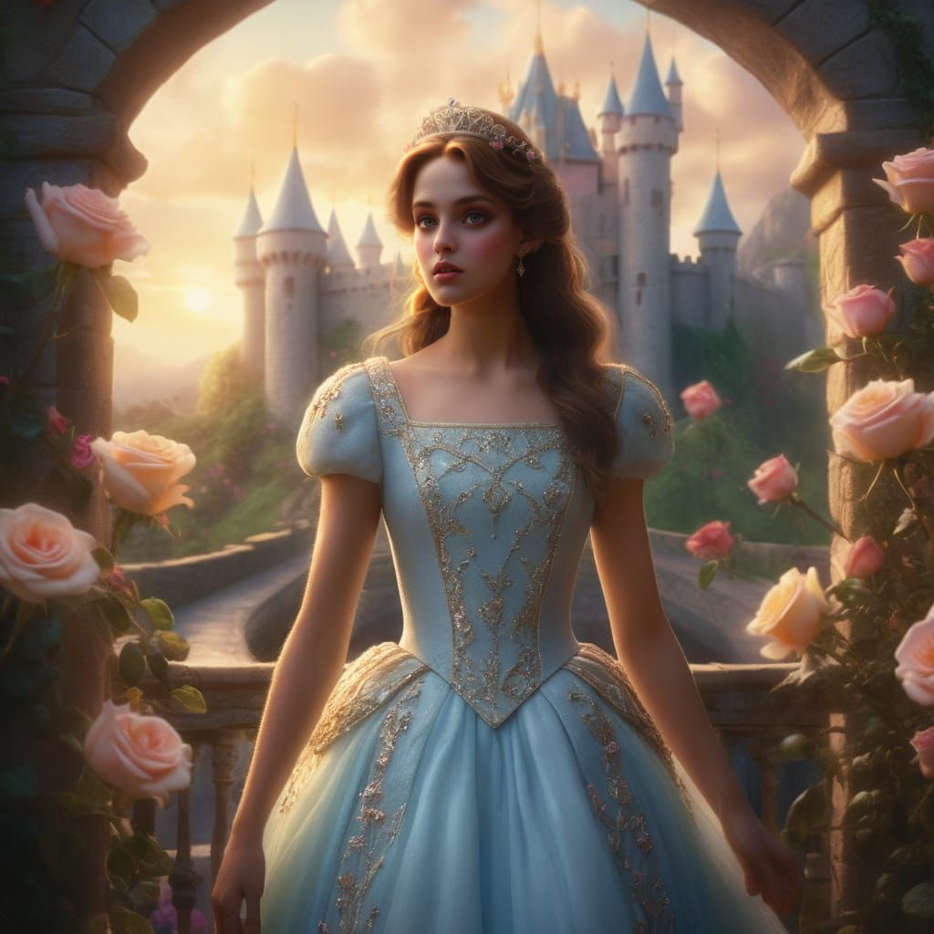 castel with roses, gates, flowers, bridge, Beautiful princess